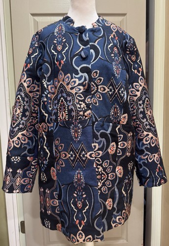 CHICO’S Beautiful Jacquard Mandarin Collar Topper Brocade Jacket Sz 12/ ...