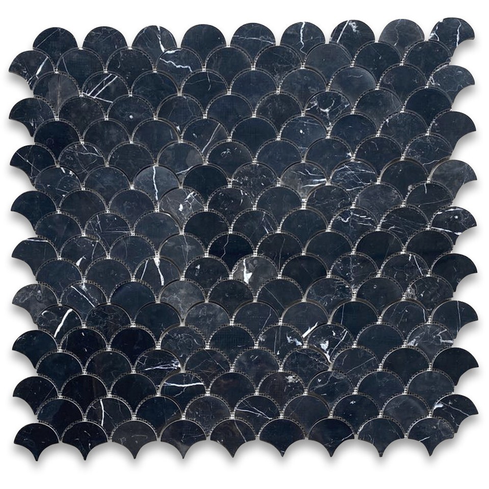 N993XP Nero Marquina Black Marble Fish Scale Fan Shape Mosaic Tile ...