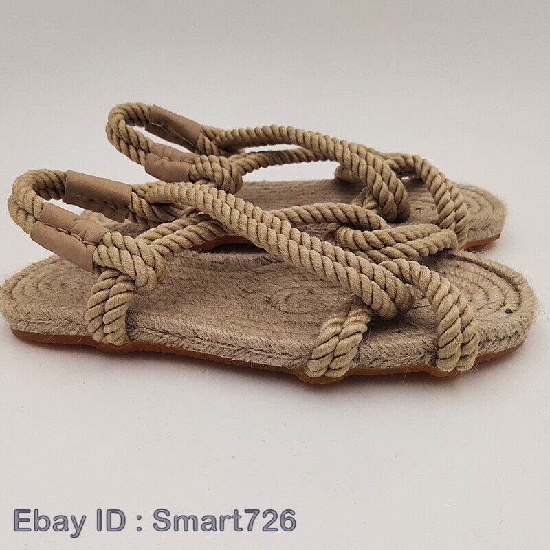Unisex Linen Flats Summer Straw Sandals Vintage Rope Woven Open Toe ...
