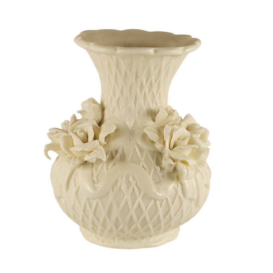 Ceramic Flower Vase Cream 4.5" Raised Roses Ribbons Lattice Textured ...
