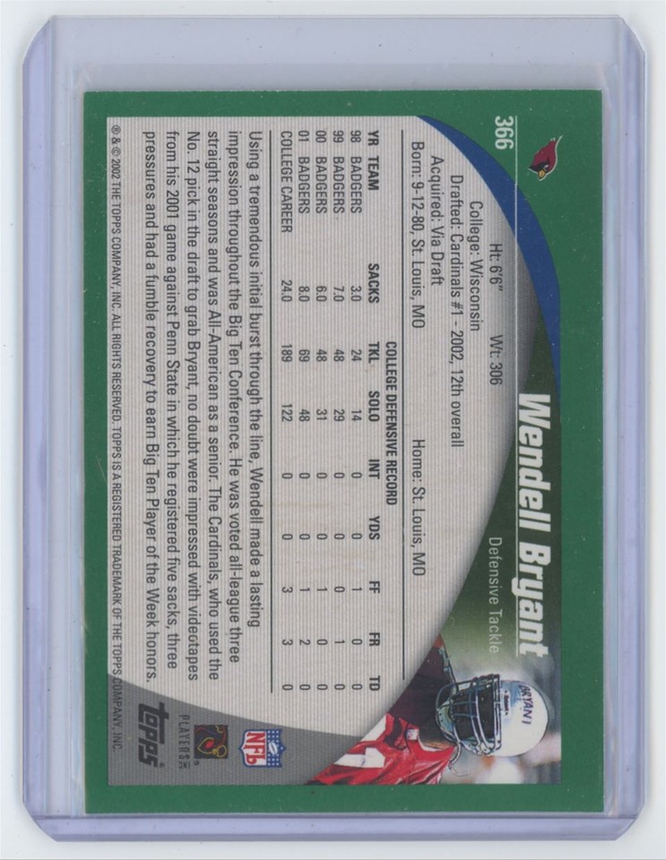2002 Topps Wendell Bryant Rookie Football Card #366 | eBay