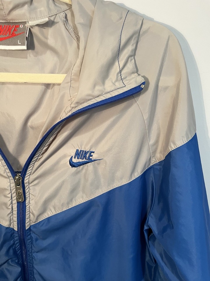 Vintage 80s Nike Windrunner Nylon Windbreaker Jacket Swoosh Blue Gray Hood Zip | eBay