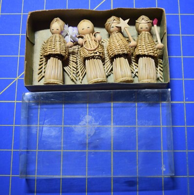 7170 4 vintage 1960's wicker Xmas angel decorations in box, very cute ...
