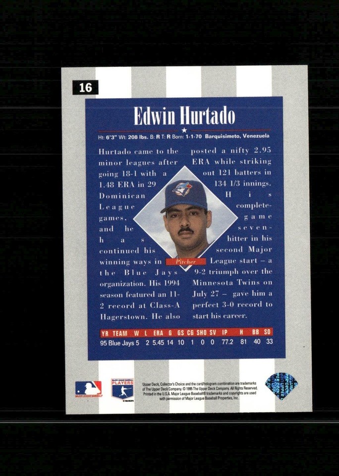 Edwin Hurtado 1996 Collector's Choice Baseball Card #16 Toronto Blue ...