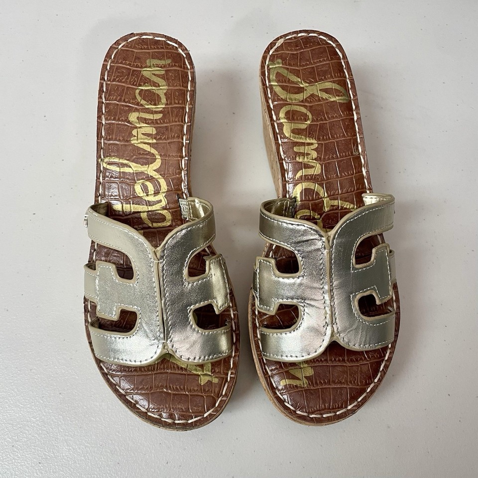Sam Edelman Gold Leather Wedge Sandals Slides Women 6.5 Minimalist ...