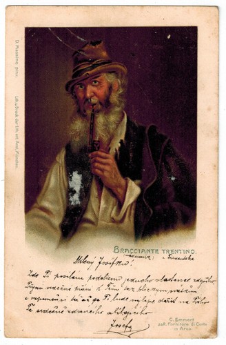 POSTCARD Italian painting MASSIMO Trentino Tyrolian man smoking pipe ...