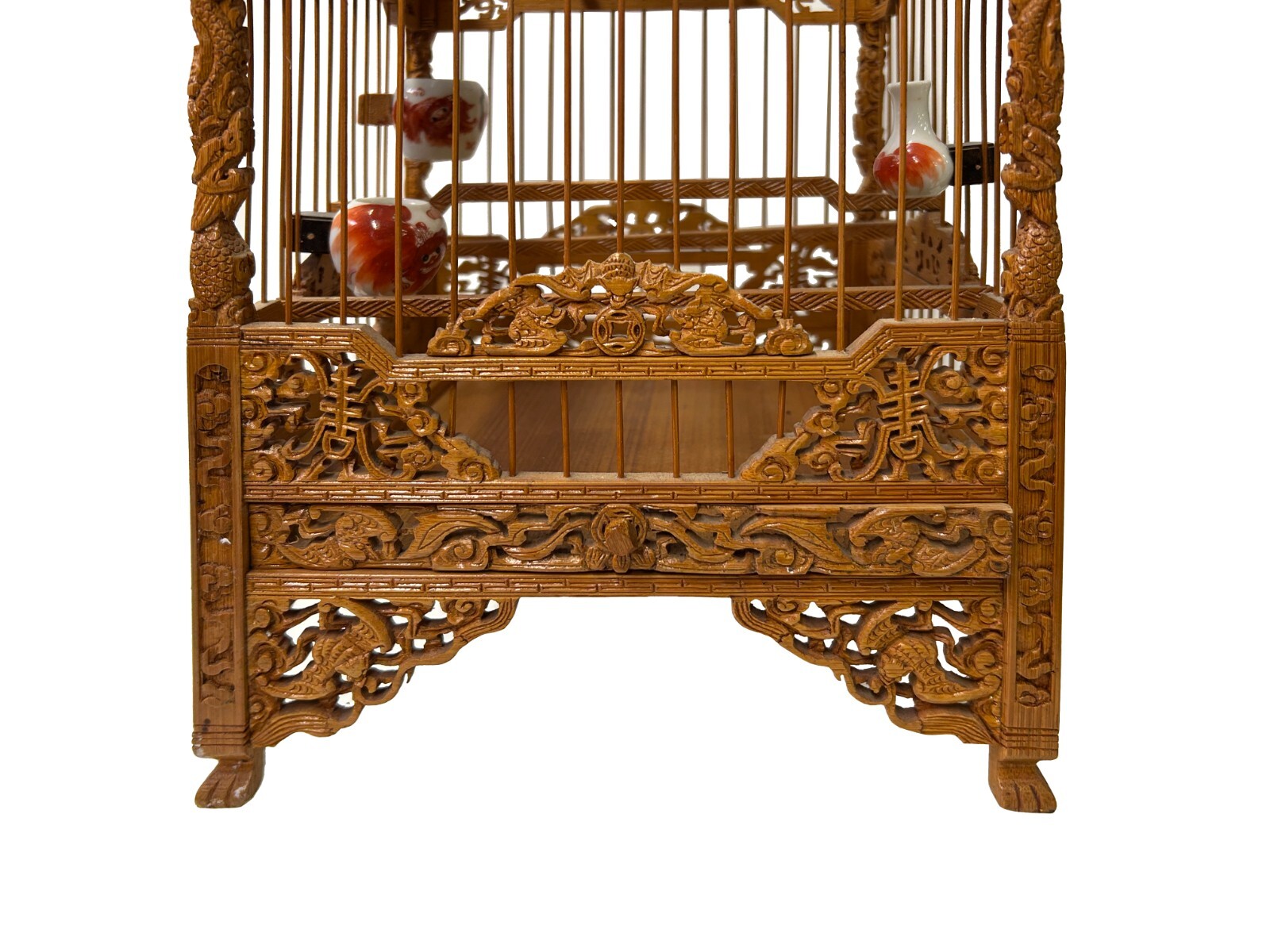 Vintage Chinese Bats Dragons Coins Relief Motif Wood Birdcage Display ...