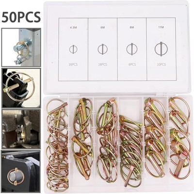 50p 4Size Lynch Pin Set Safety Linch Clip Trailers Tractor Truck Mowers ...
