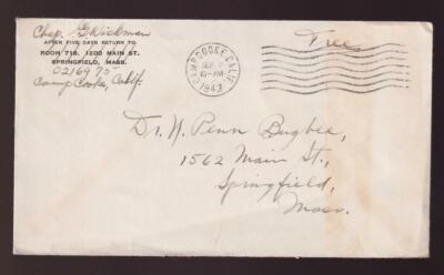 USA 1943 Camp Cooke California WWII free-frank cover, to Springfield ...
