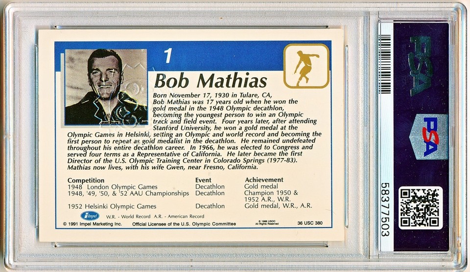 1991 Impel US Olympic Cards Bob Mathias Auto w/Skybox Stamp #3 PSA/DNA ...