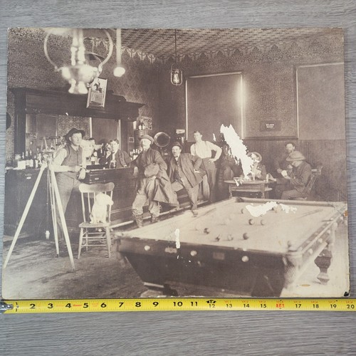 Vintage Saloon Photo Men at Bar & Pool Table Billiards Late 1800s Wood ...