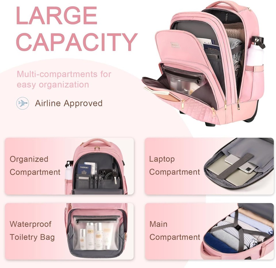 Rolling Backpack Carry On Luggage For Adults With Wheels, 40L Wheeled ...