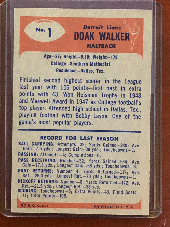 1955 Bowman #1 Doak Walker - Detroit Lions HOF'er Card #1 Set Break | eBay