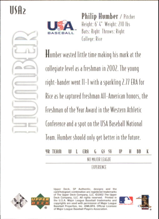 2002 SP Authentic USA Future Watch #USA2 Philip Humber/1999 - NM-MT | eBay