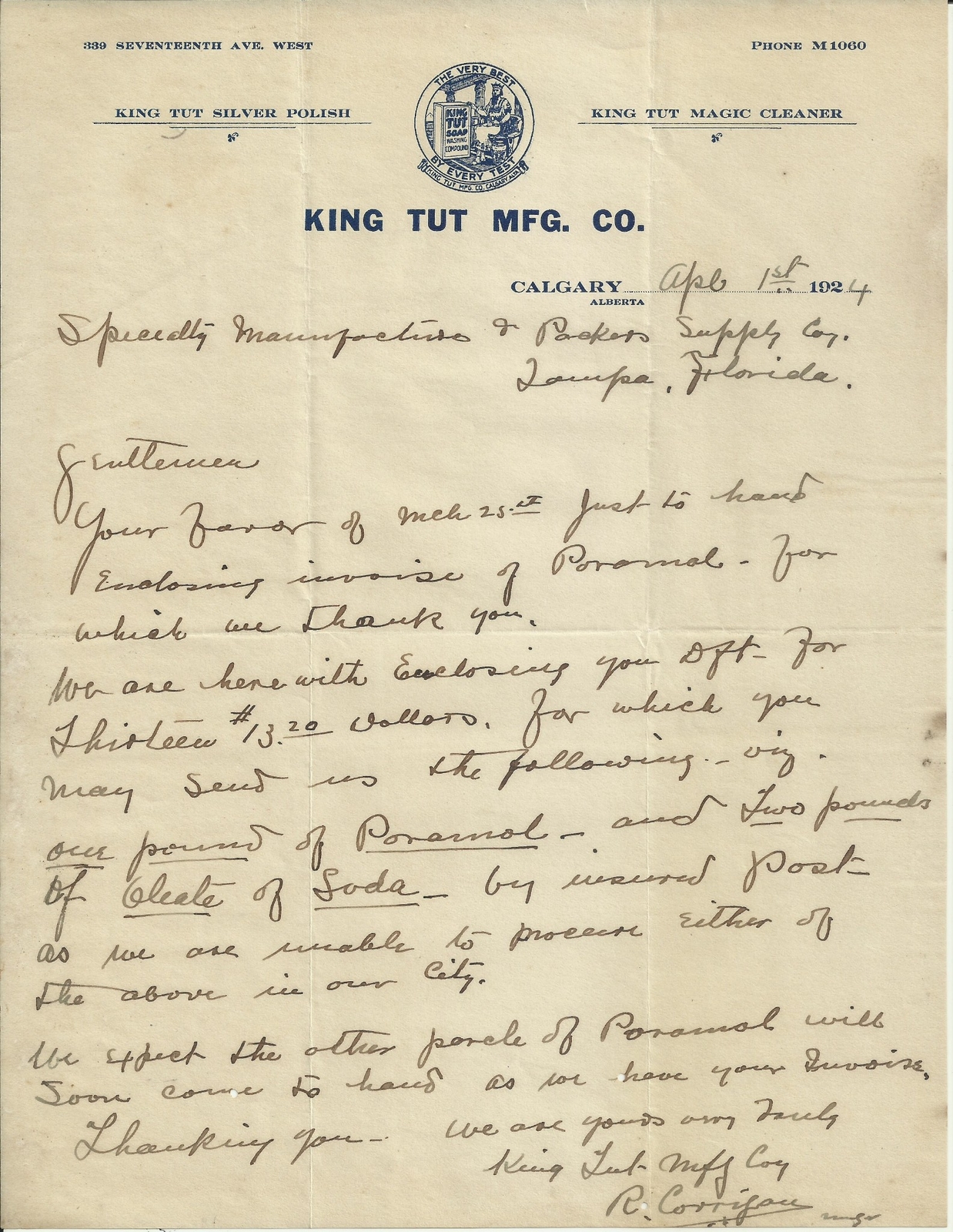 OLD VINTAGE KING TUT MFG. CO. CALGARY ALBERTA CANADA 1924 LETTER ...
