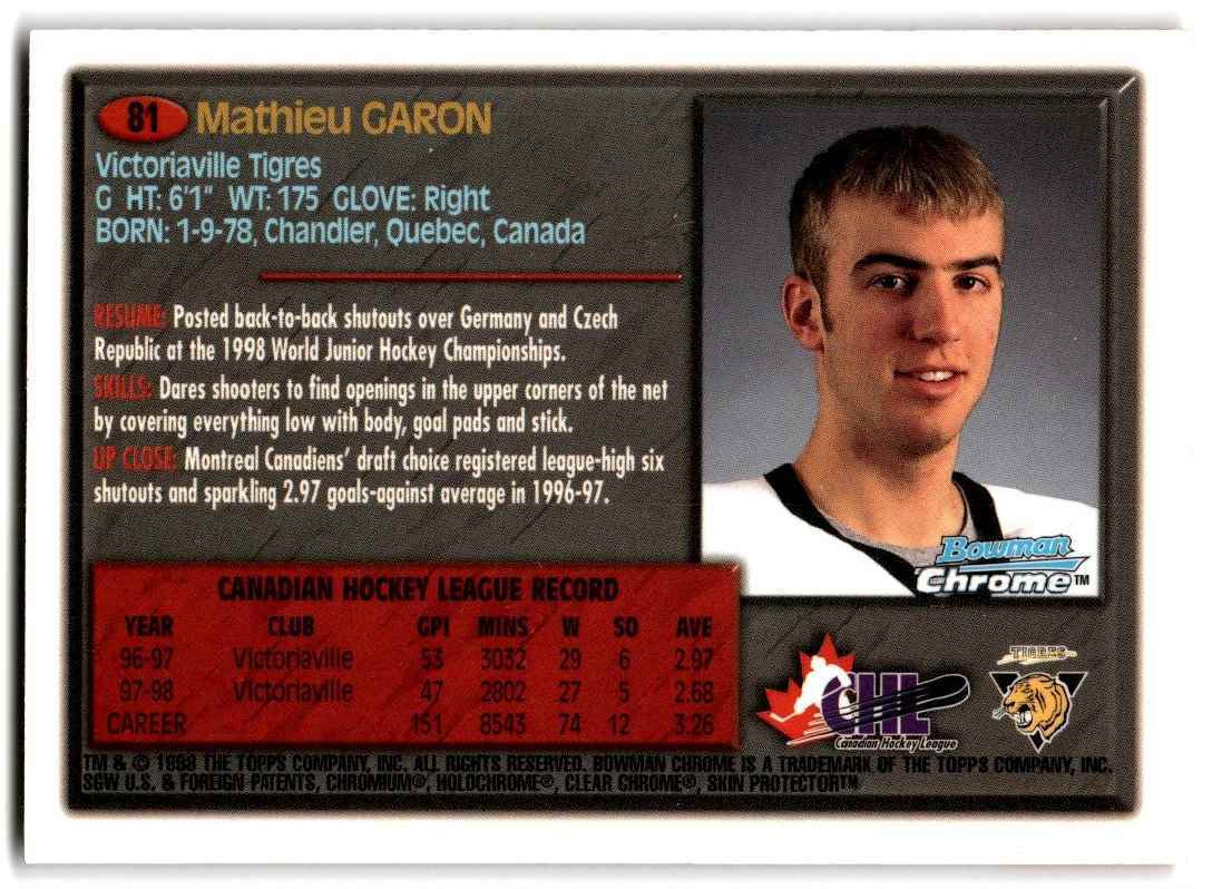 1998-99 Bowman Chrome CHL Mathieu Garon #81 Victoriaville Tigres | eBay