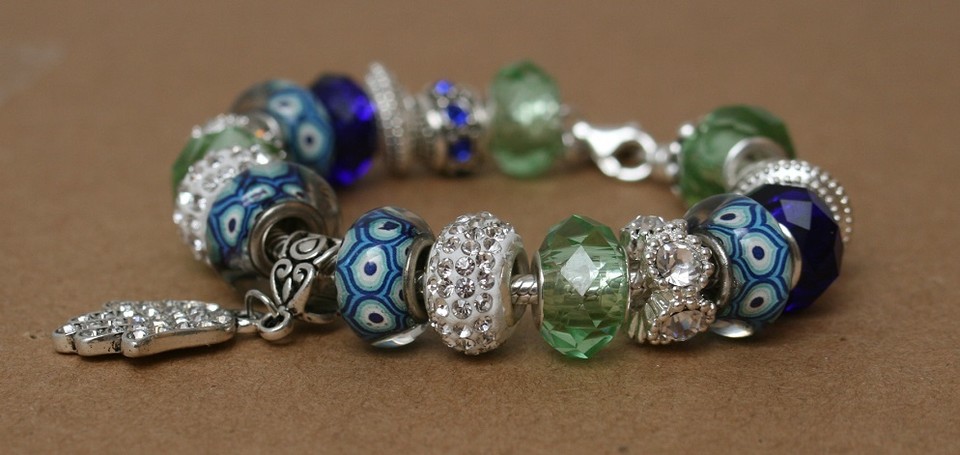 Pandora Silver Bangle Charm Bracelet European Charms Blue Hamsa Fatima ...