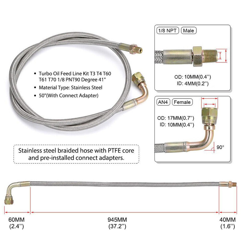 Car Turbo Oil Feed Line Kit T3 T4 T60 T61 T70 1/8 PNT 90 Degree 41" AN4 ...