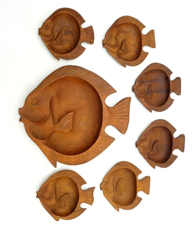 RARE MODERNIST VINT HAND CARVED FISH THEME TEAK WOOD SHALLOW BOWL, W/6 ...