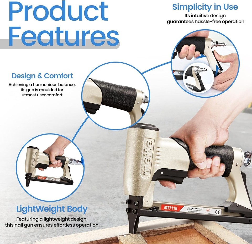 meite MT7116 Pneumatic Staple Gun 22 Gauge 1/4" to 5/8" Air Upholstery ...