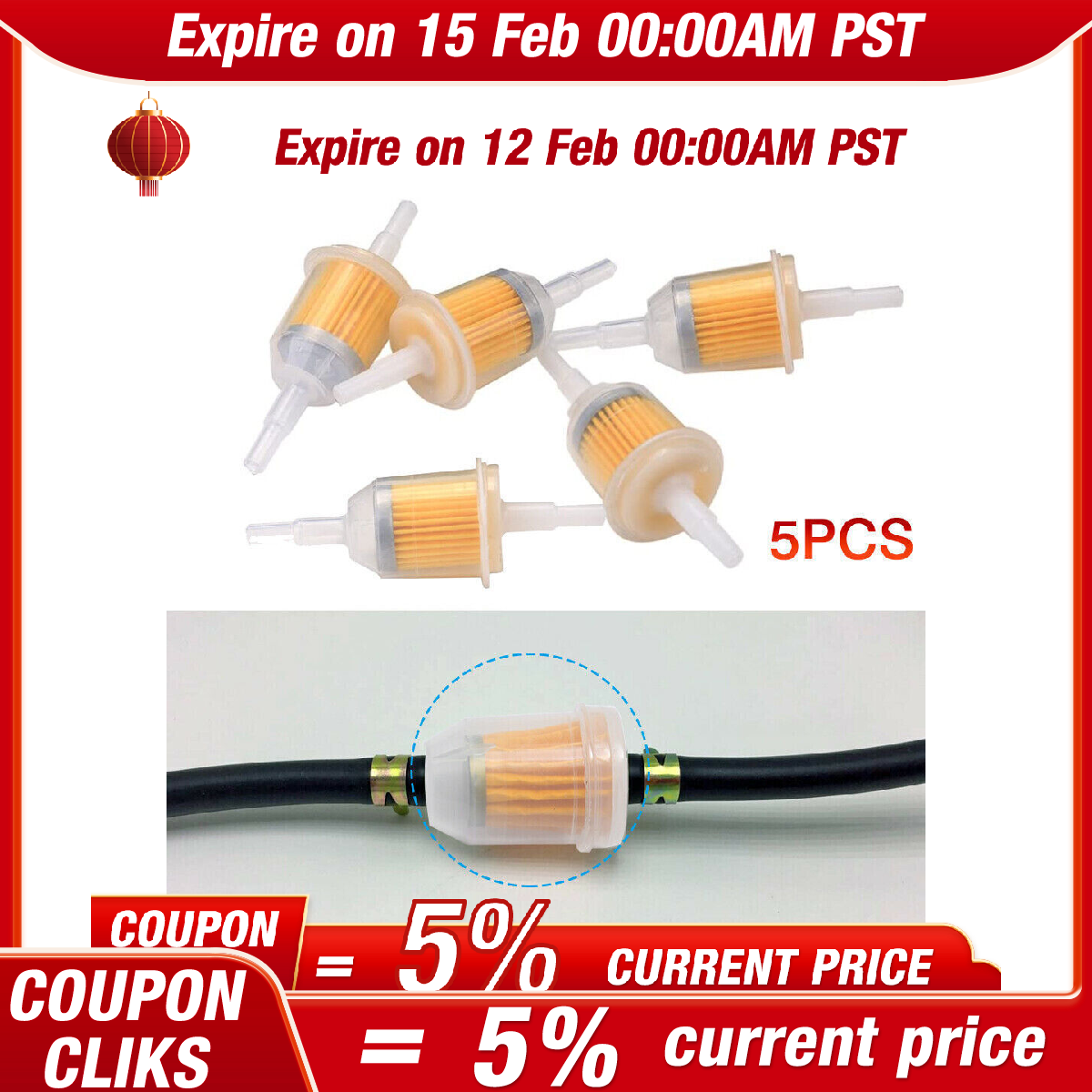 5 pack New Motor Inline Gas Oil Fuel Filter Small Engine For 1/4'' 5/16 ...