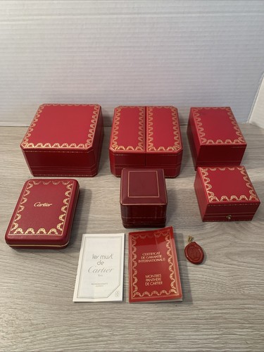 6 CARTIER JEWELRY BOXES WITH CERTIFICATE, SERVICE GUIDE, & CARTIER HAND ...