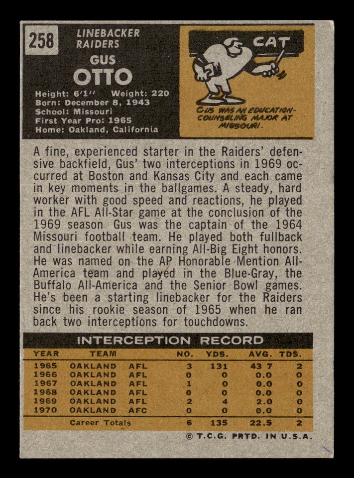 Gus Otto 1971 Topps #258 Oakland Raiders Ex | eBay