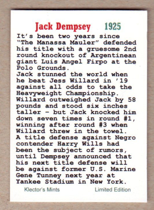 JACK DEMPSEY HEAVYWEIGHT BOXING CHAMPION RARE NYC CAB CARD / NM+ COND ...