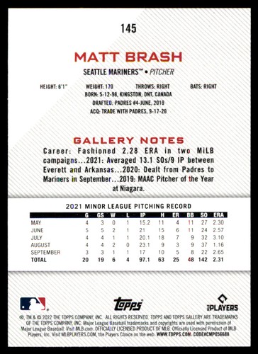 Matt Brash 2022 Topps Gallery #145 Mariners MLB READ FREE SHIPPING ...
