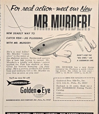 1967 VTG PRINT AD - GOLDEN EYE LURES AD - MR. MURDER FISHING LURE AD ...