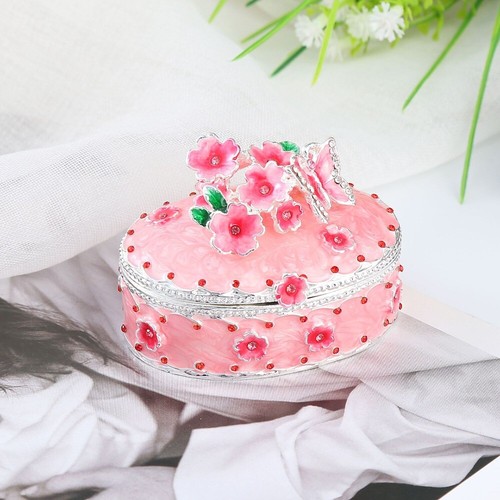 Vintage Pink Flowers Metal Enamel Jewelry Box Organizer Ring Trinket ...