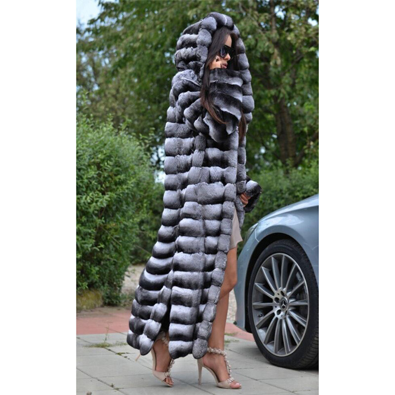 130CM Women Real Rex Rabbit Fur Coat Hooded Chinchilla Winter Thick Fur ...