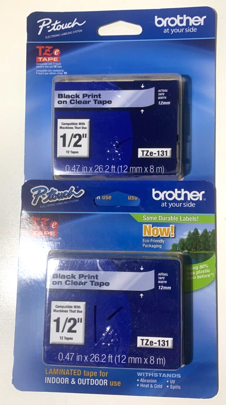 Brother P-Touch TZ Tape 1/2 Black Print On Clear Tape Set of 2 TZe-131 ...