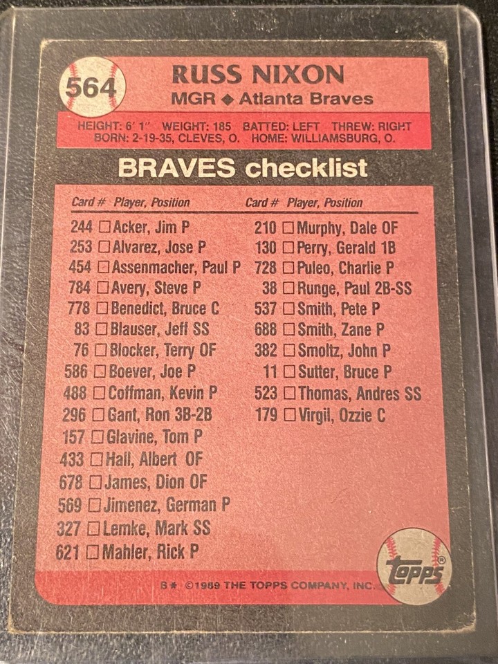 Russ Nixon Baseball Card -- 1989 Topps #564 -- Atlanta Braves Manager ...
