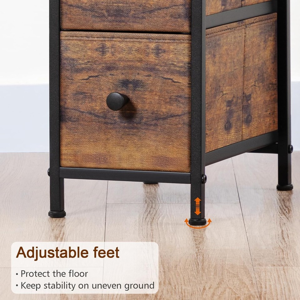 Rustic Slim Bedside Table with Charging Station, 2 Drawers & Open Shelf ...