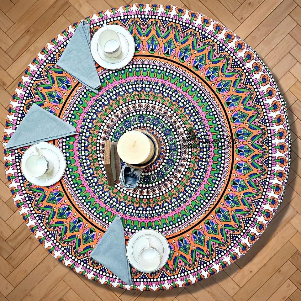 Cotton Geometric Mandala Floral Tablecloth Round 88 Inches & Square ...