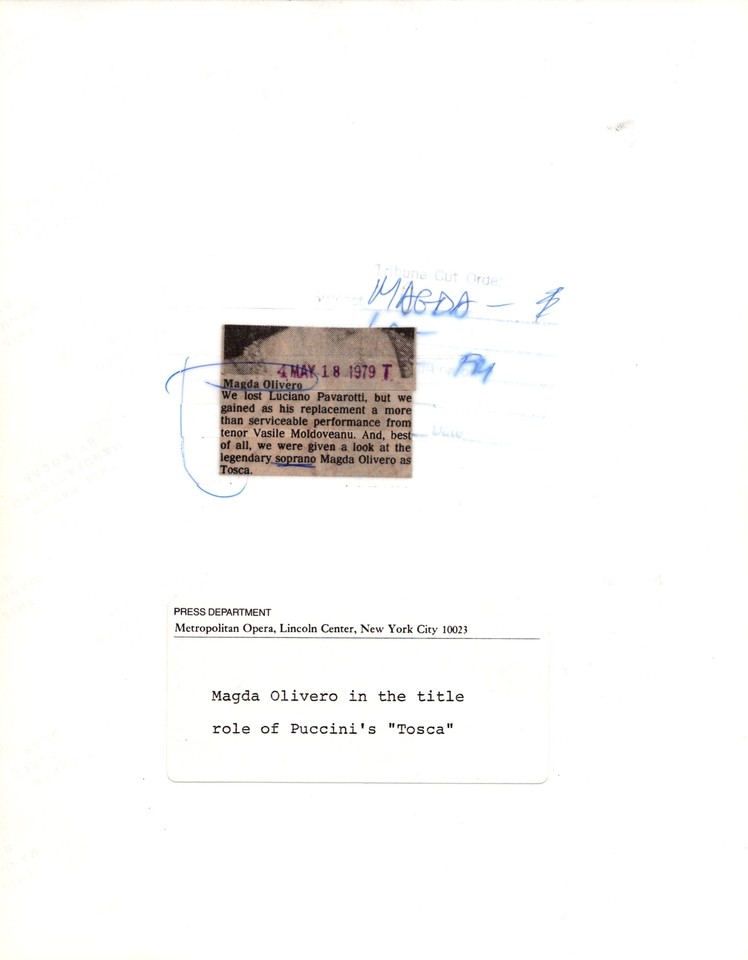 1979 Magda Olivero Metropolitan Opera Tosca Vintage Original Press ...