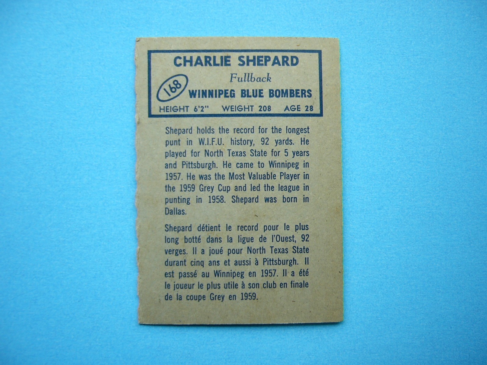 1962 TOPPS CFL FOOTBALL CARD #168 CHARLIE SHEPARD NM SHARP!! '62 TOPPS ...