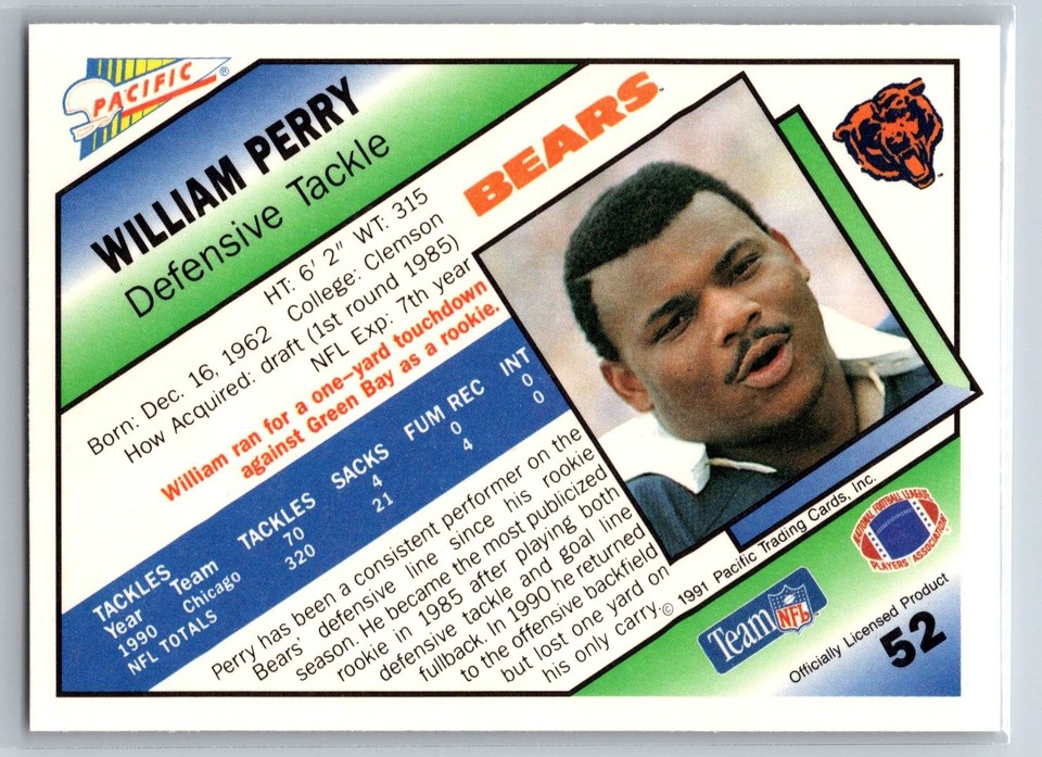 1991 Pacific William Perry Chicago Bears #52 | eBay