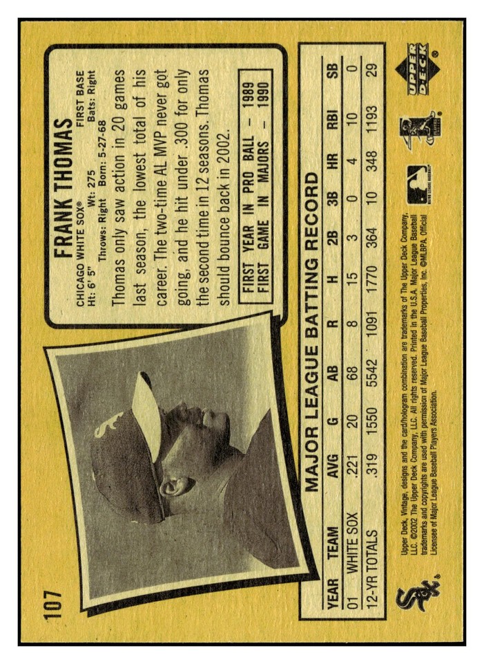 Frank Thomas 2002 Upper Deck Vintage #107 Chicago White Sox *069B | eBay