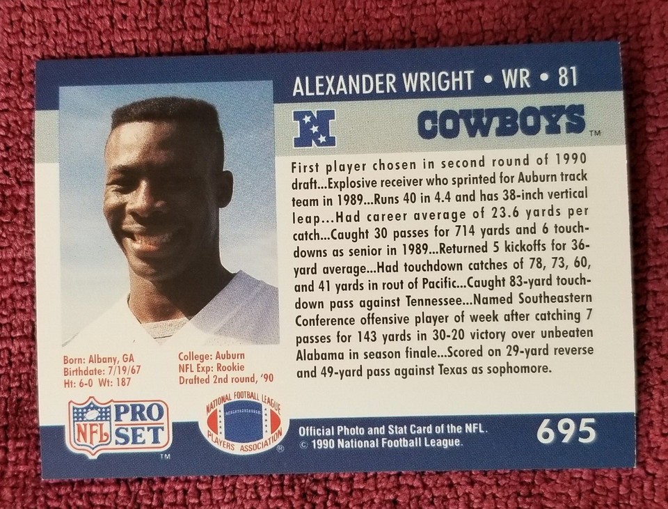 Alexander Wright Dallas Cowboys Wide Receiver Pro Set 1990 Draft Second ...