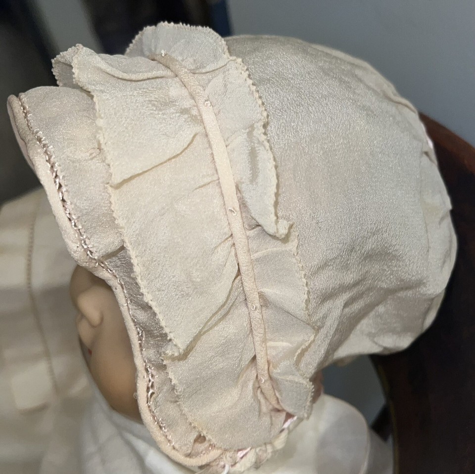Antique Handmade Silk & Lace Pink Small Baby Bonnet Needs Ribbon | eBay