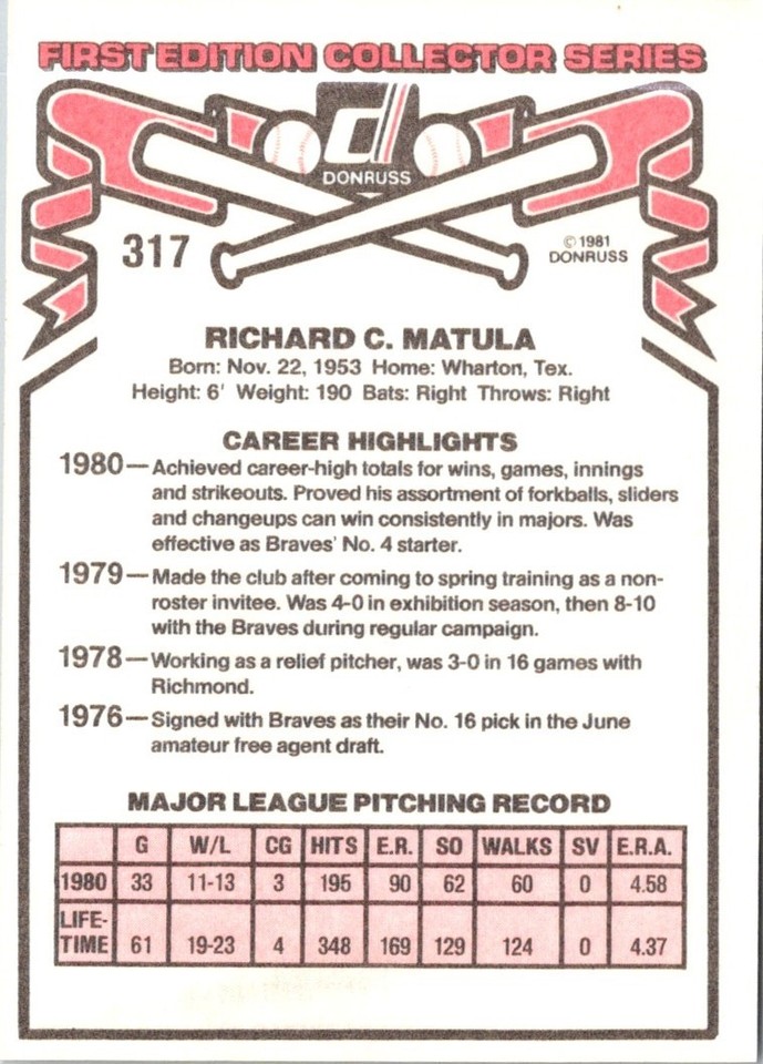 1981 Donruss Rick Matula #317 Atlanta Braves Baseball Card | eBay