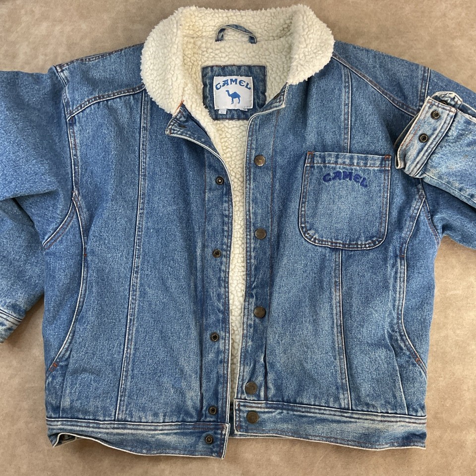Vintage Camel Cigarettes Denim Jacket Blue Sherpa Lined Western Trucker ...