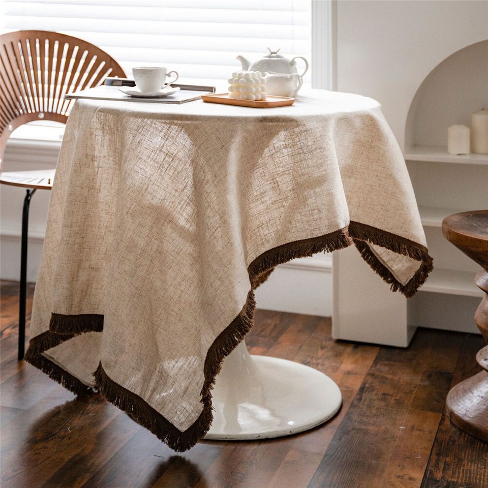 Beige Linen Tablecloth Tassel Fringe Table Cloth Cover Dining Kitchen ...
