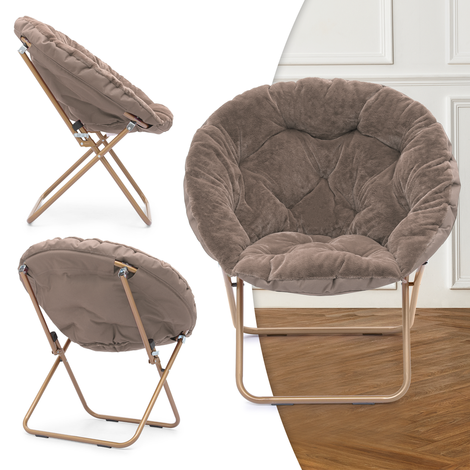 Beige Foldable Comfy Saucer Chair Faux Fur Cozy Moon Lounge Chair w ...