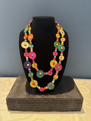 Colorful Wooden Disc Bead Necklace Long Statement Boho Art Deco Style ...