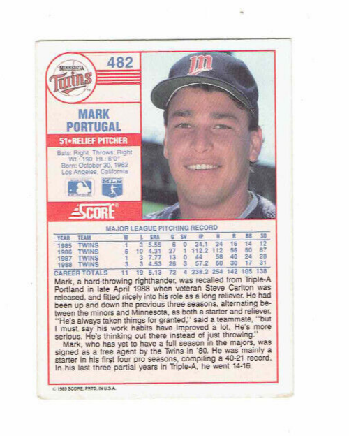 Mark Portugal Minnesota Twins RP #482 Score 1989 #Baseball Card | eBay