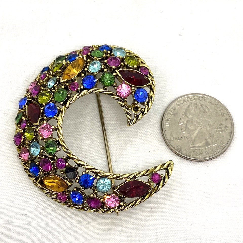 Vintage Weiss Pin Brooch Multi Color Rainbow Rhinestone Crescent ...