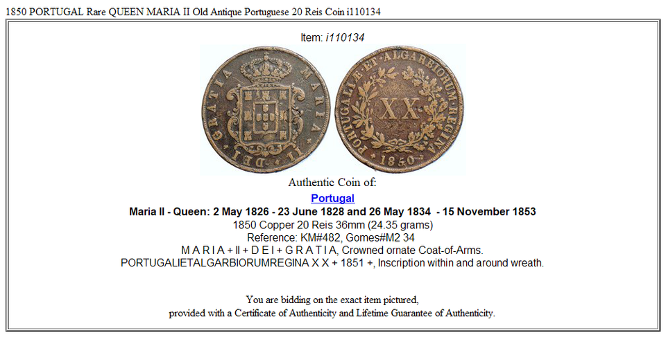 1850 PORTUGAL Rare QUEEN MARIA II Old Antique Portuguese 20 Reis Coin ...